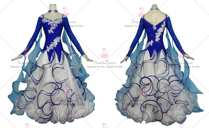 Blue and White Ladies Practice Ballroom Smooth Outfits Crystal Chiffon ...